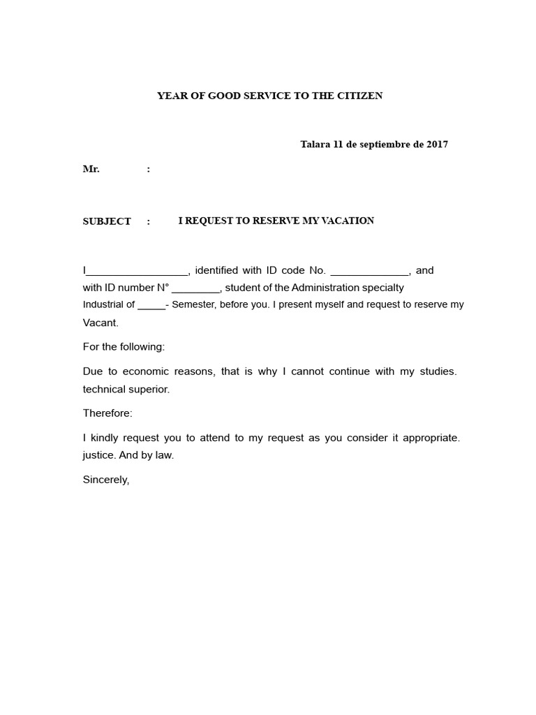 Vacation Reservation Request Letter | PDF