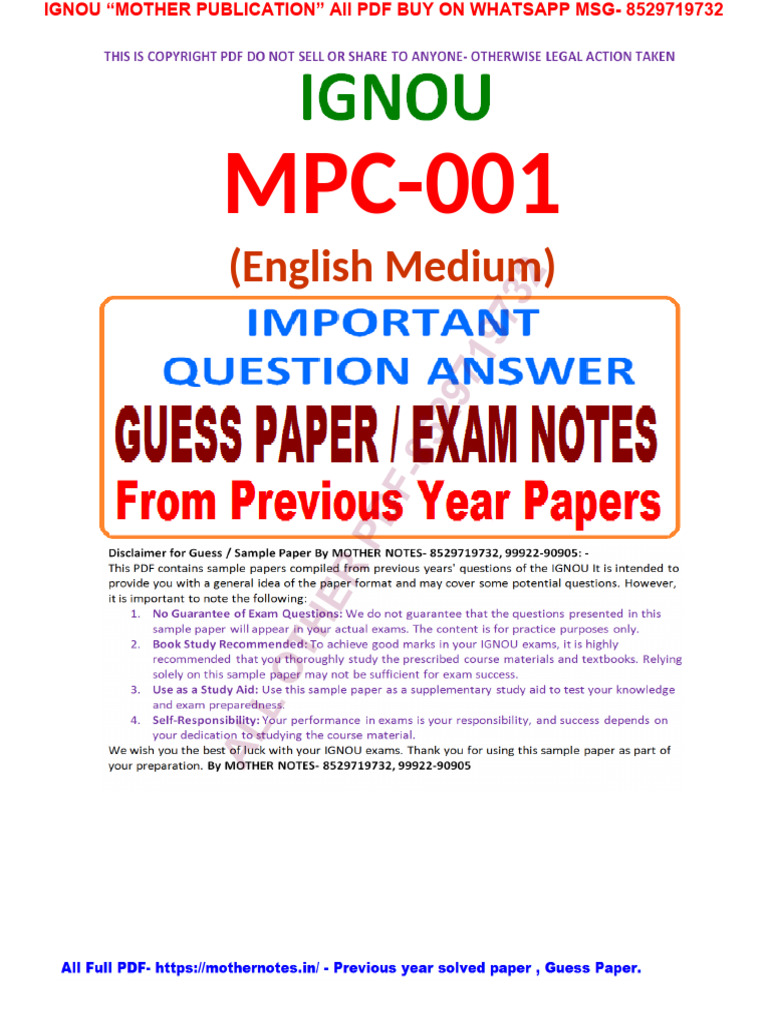 MPC 001 Previous Year Question Paper in English | mpc 001 important ...