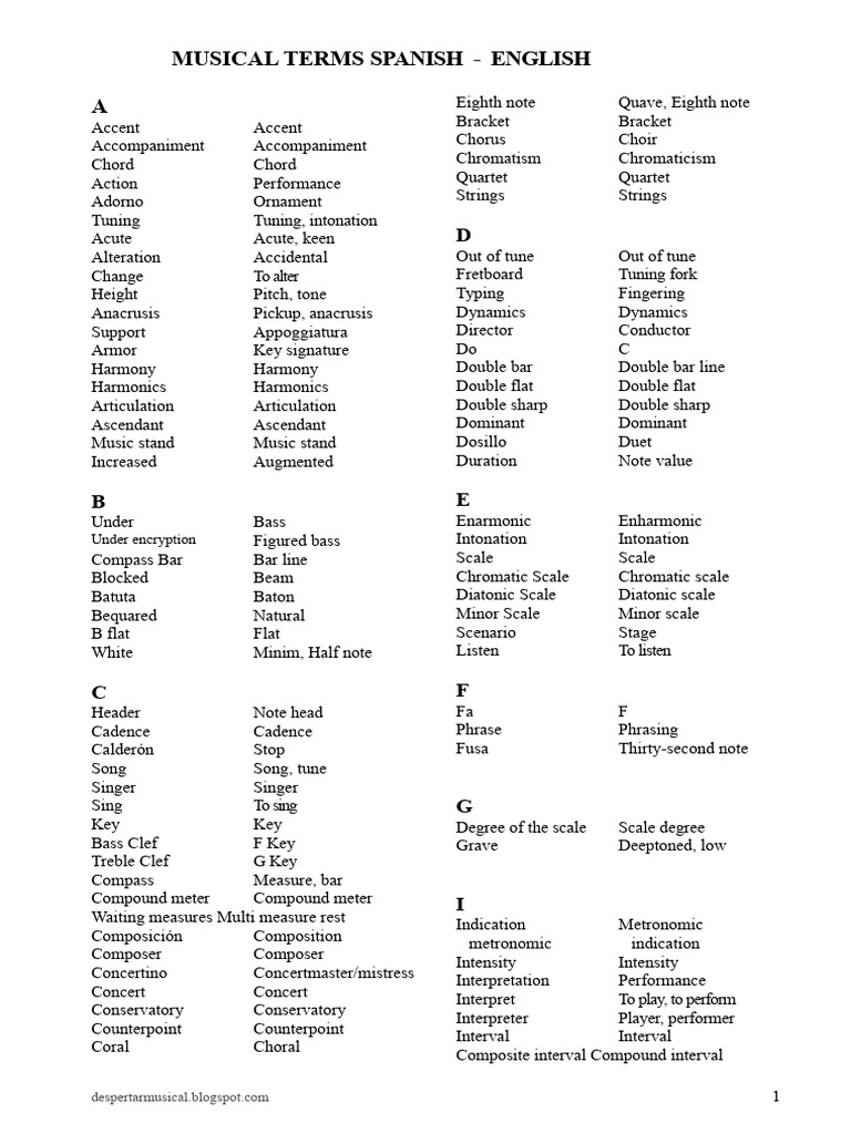 Spanish-English Musical Terms Guide | PDF | Scale (Music) | Chord (Music)