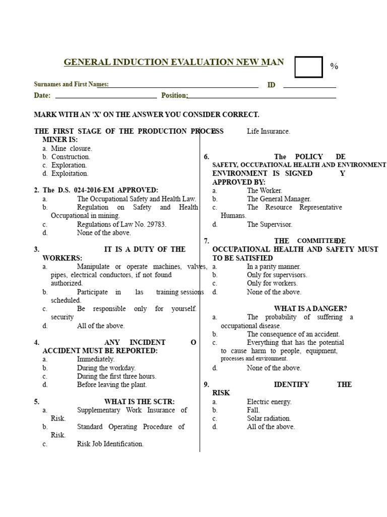 Mining Safety Induction Evaluation Form | PDF | Occupational Safety And ...