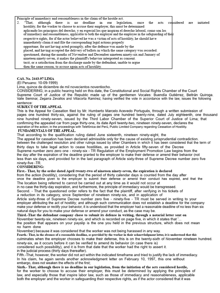 Principle of Immediacy and Reasonableness in The Claim of The Hostile ...
