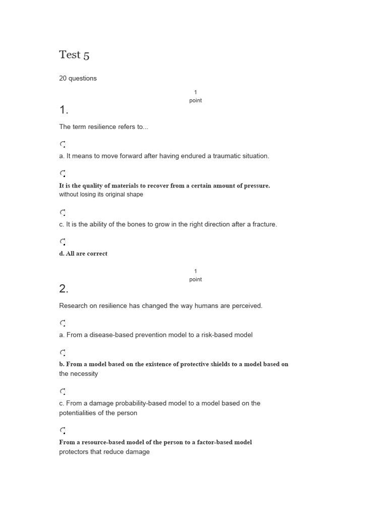 Test 5 QUIZ | PDF | Psychological Resilience | Mental Health