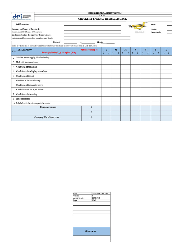 Hydraulic Jack Maintenance Checklist | PDF