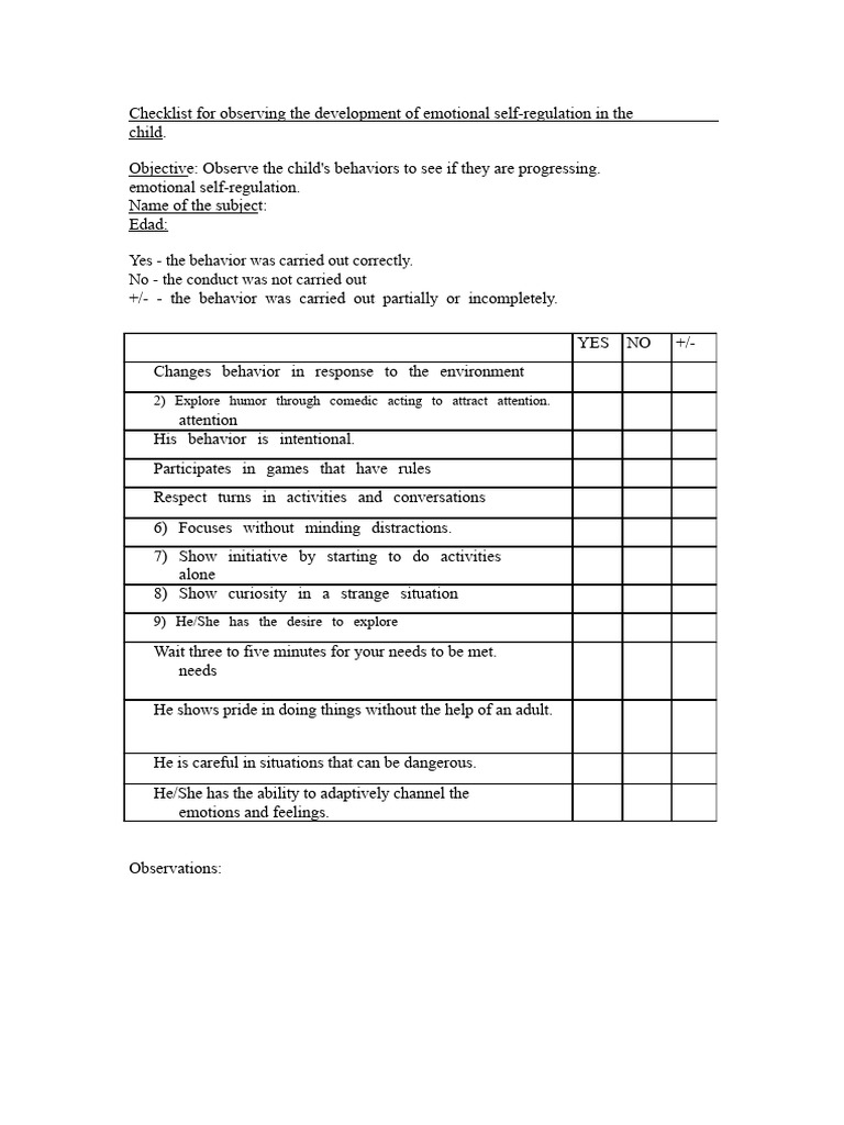 Emotional Self-Regulation Checklist for Kids | PDF