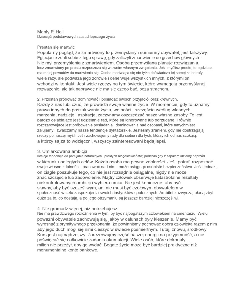 Manley P Hall - Dziesięć Podstawowych Zasad Lepszego Życia | PDF