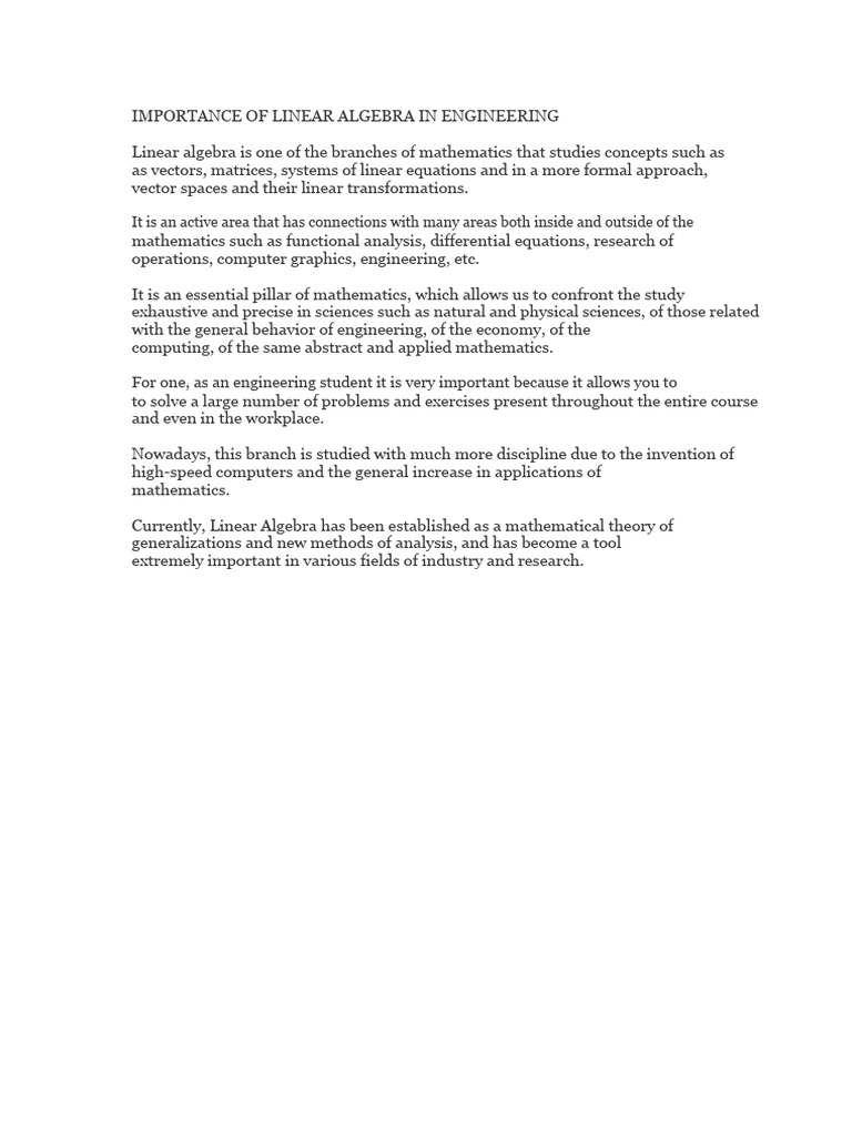 Importance of Linear Algebra in Engineering | PDF