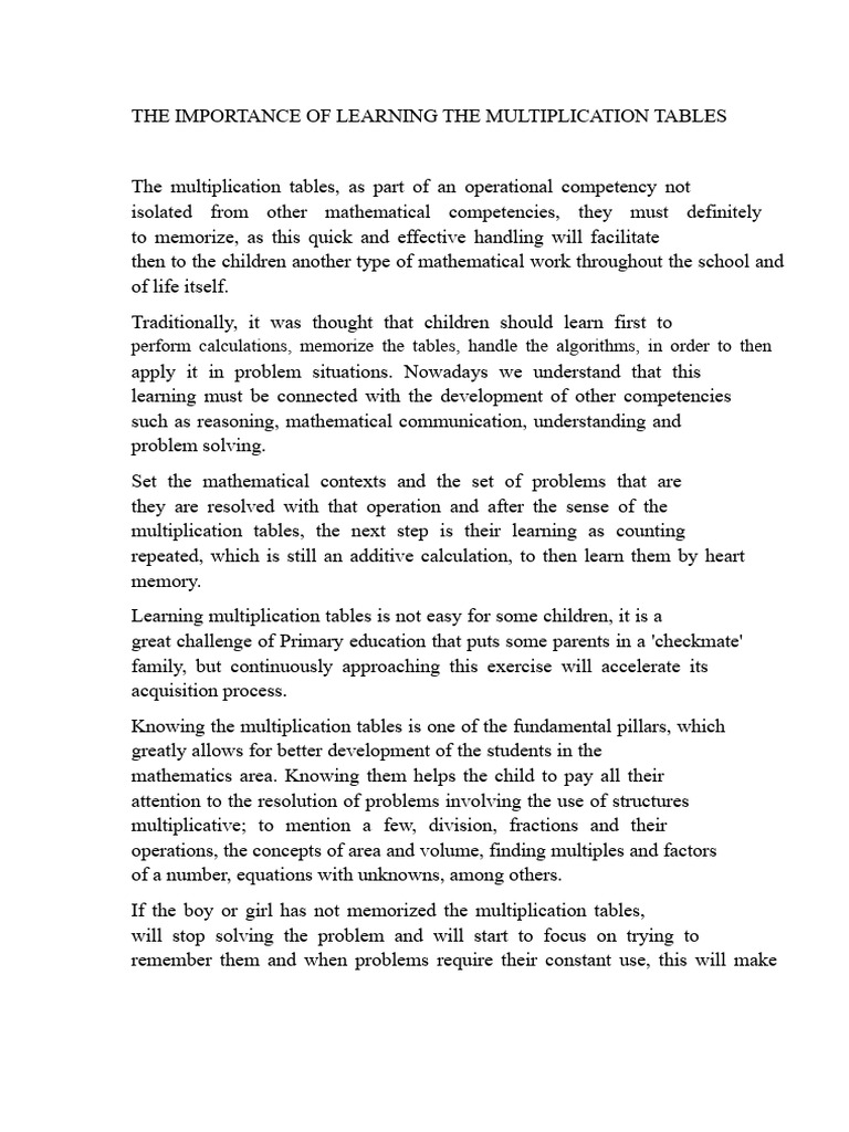 The Importance of Learning The Multiplication Tables | PDF ...