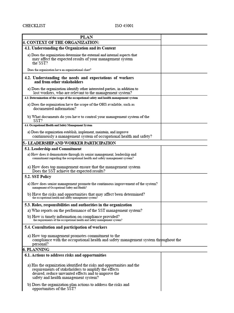 ISO 45001 Checklist | PDF | Occupational Safety And Health | Audit