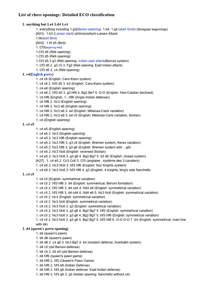 List of Chess Openings - Detailed ECO Classification | PDF | Chess ...