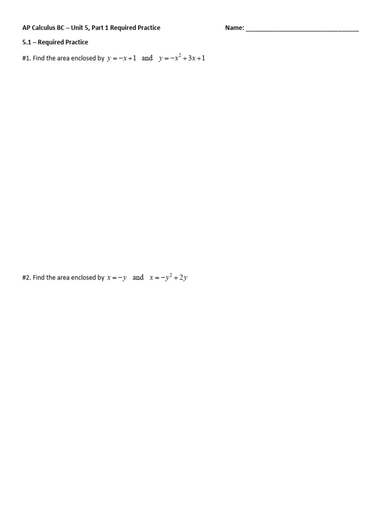 AP Calculus BC Unit 5 Practice Guide | PDF | Area | Geometry