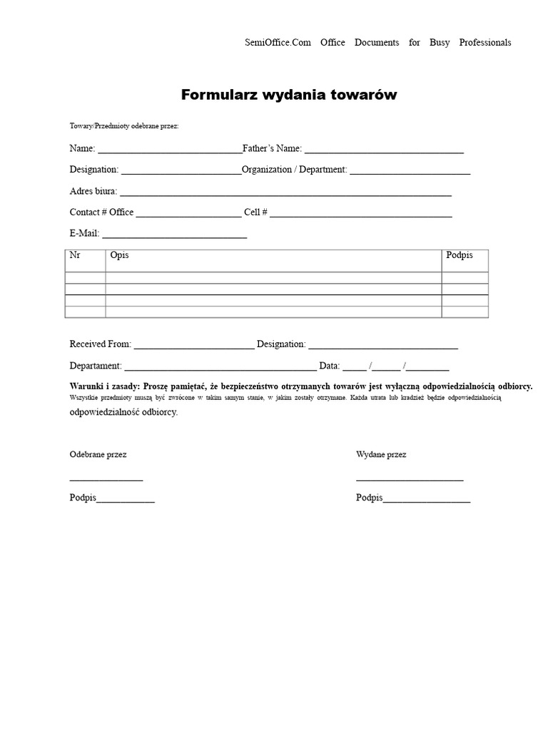 Formularz Wydania Towarów Do Pobrania Za Darmo | PDF