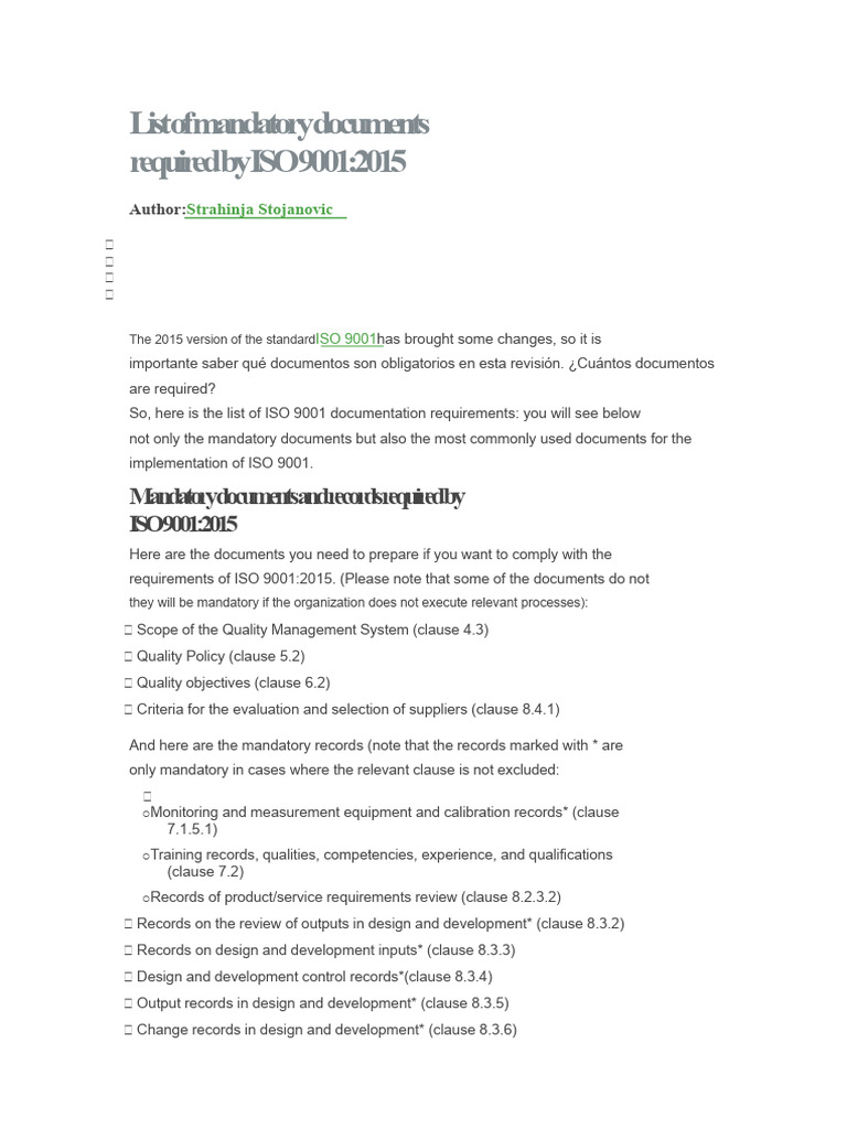 List of Mandatory Documents Required by ISO 9001 | PDF | Audit ...