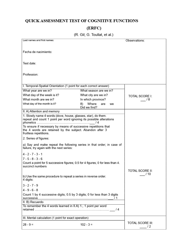 Cognitive Functions Quick Assessment Test | PDF | Memory | Cognitive ...