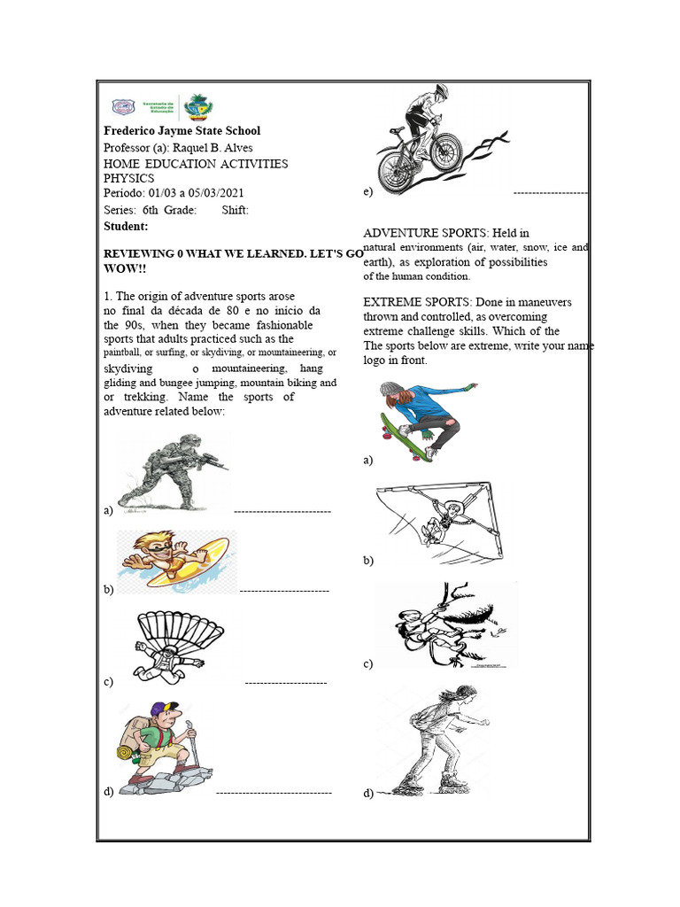 6th Grade HOMEWORK PHYSICAL EDUCATION ACTIVITIES - BLOCK 5 | PDF ...