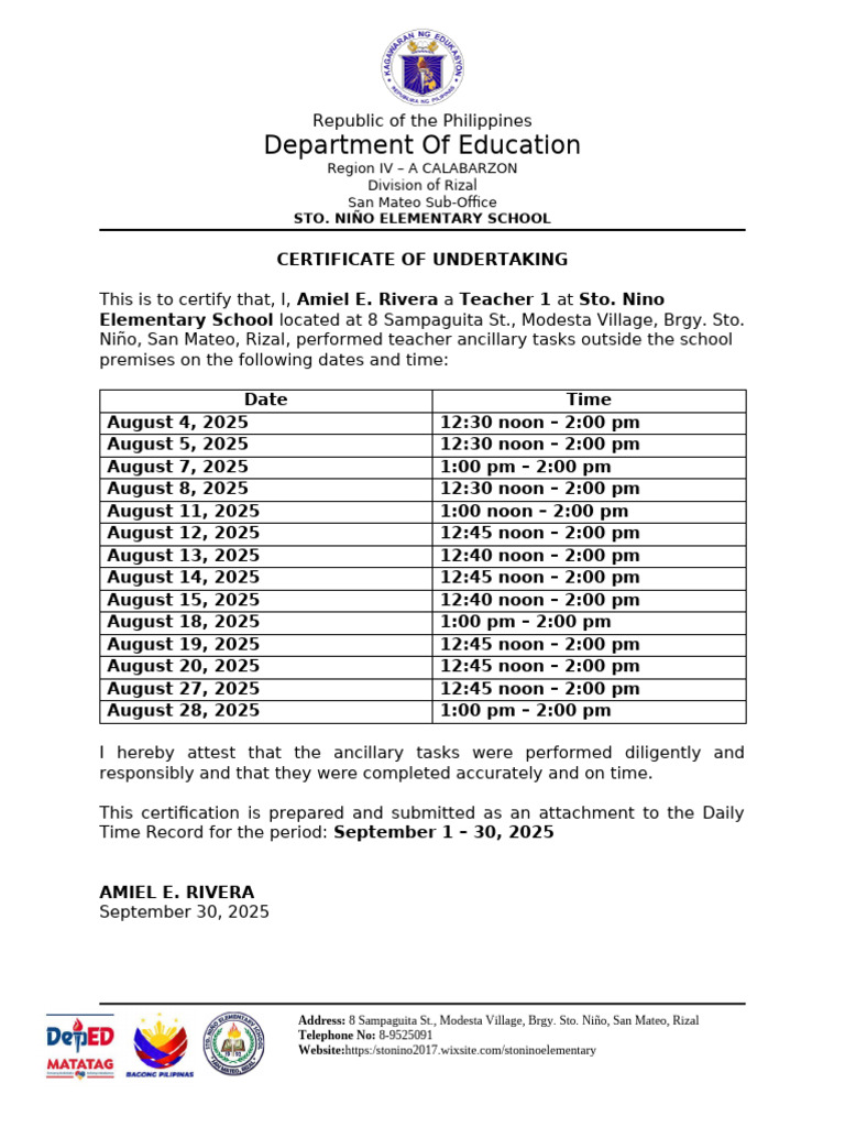 Certificate of Undertaking for Teacher Tasks | PDF
