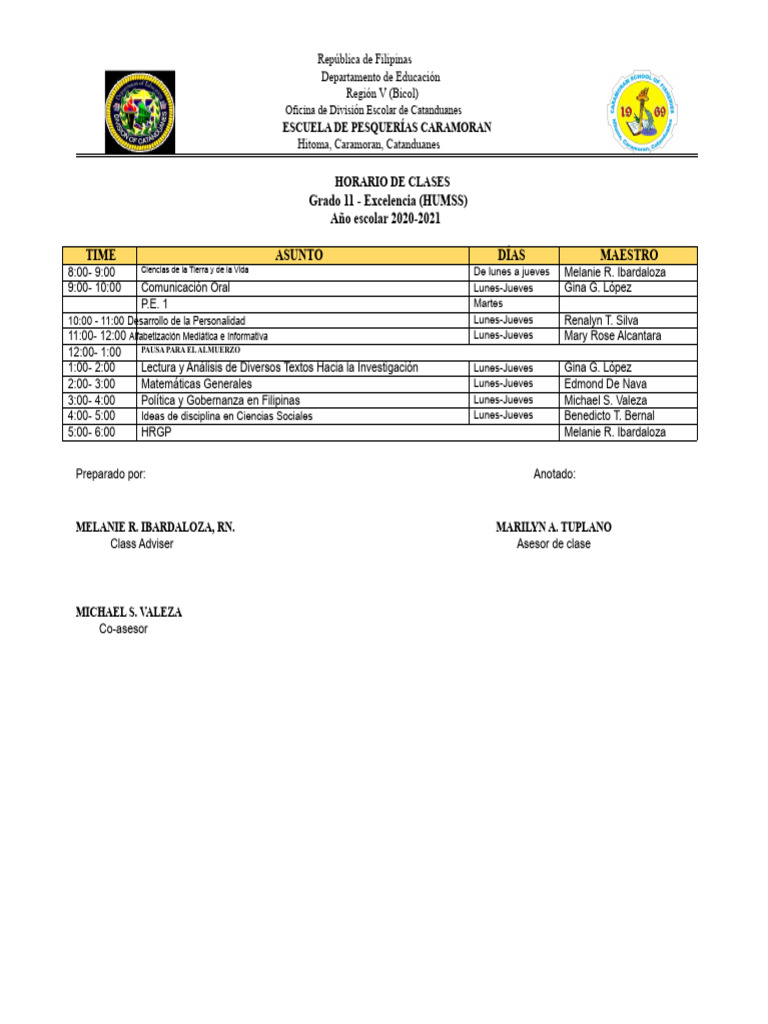 HORARIO DE CLASES 2020-2021 | PDF | Aprendizaje