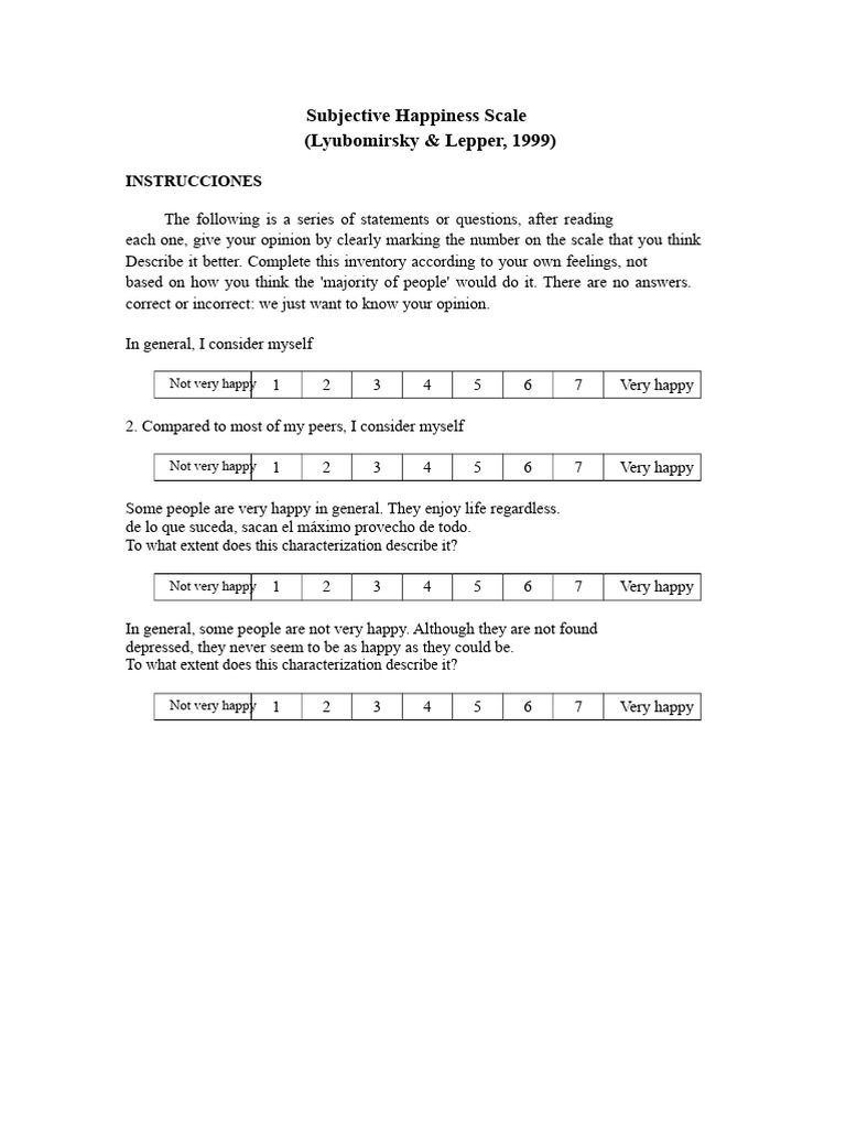 Subjective Happiness Scale Instructions | PDF