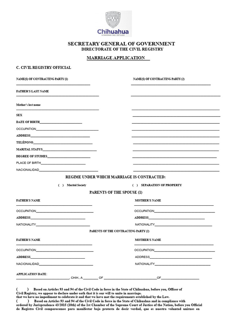 Marriage Application Form - Chihuahua | PDF | Marriage | Family