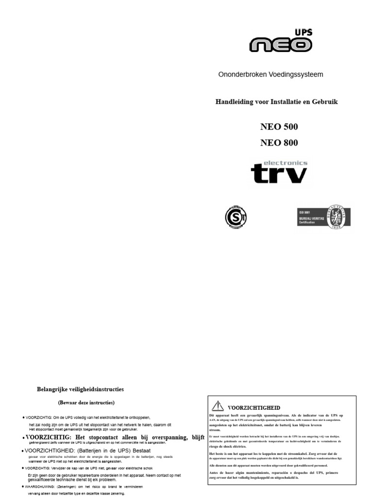 Handleiding UPS Neo500-800 TRV PDF | PDF