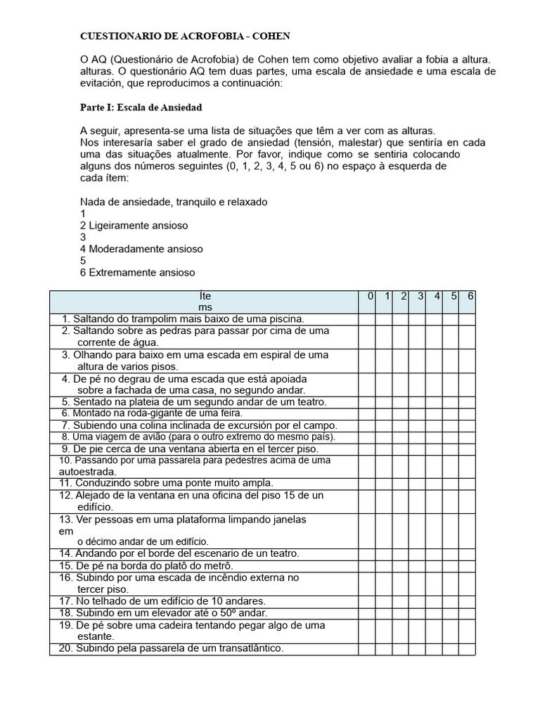 Questionário de Acrofobia de Cohen | PDF