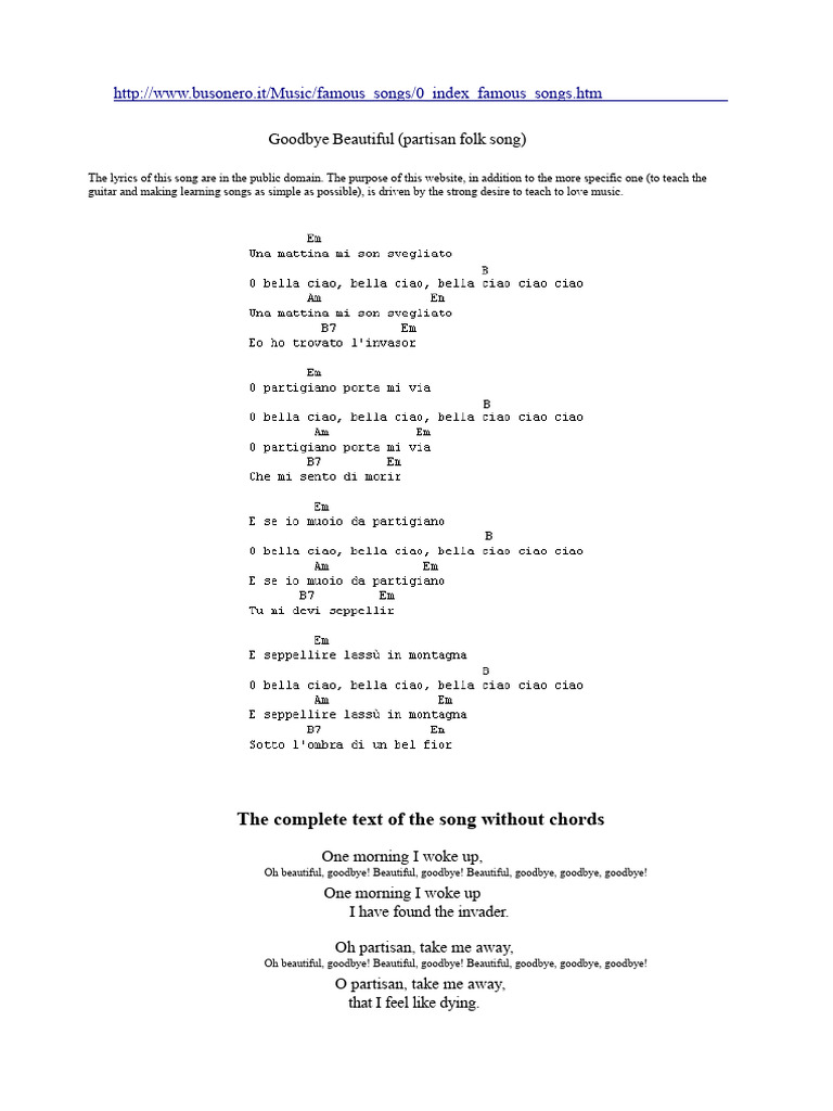 Goodbye Beautiful: Partisan Song Lyrics | PDF