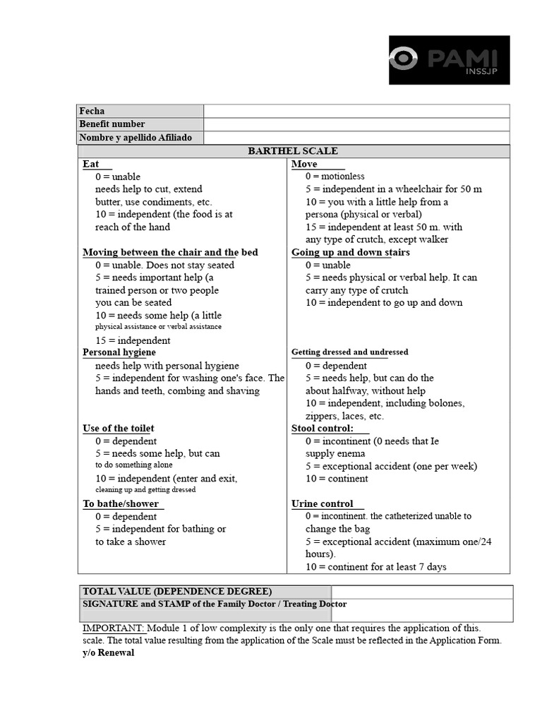 Barthel Scale | PDF | Urinary Incontinence | Medicine