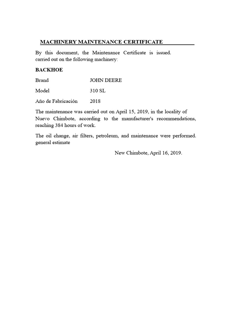 Machinery Maintenance Certificate | PDF