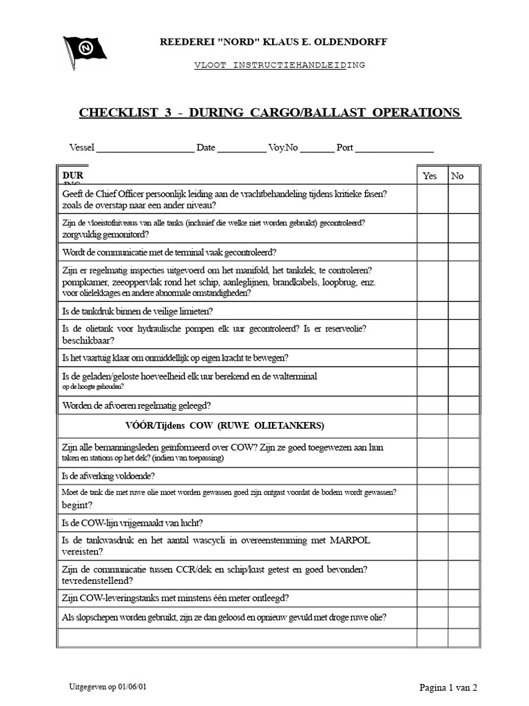 Tijdens de Cargo-Ballast Operaties Checklist (Tankers) | PDF