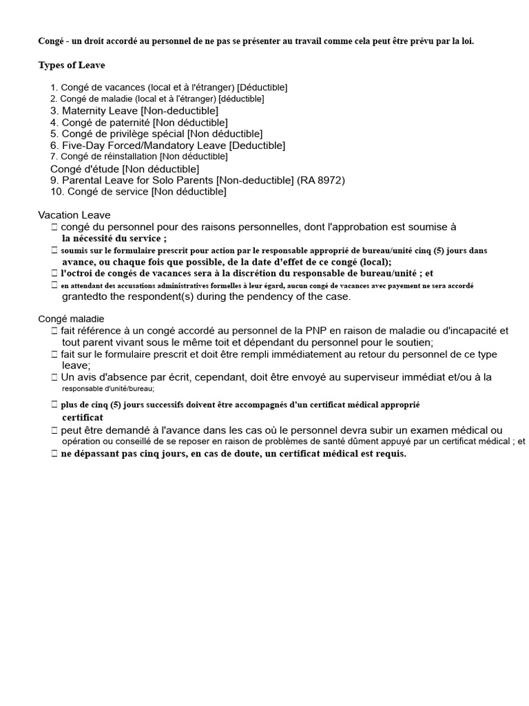 Types de Congés pour le Personnel PNP | PDF | Grossesse | Finance et ...