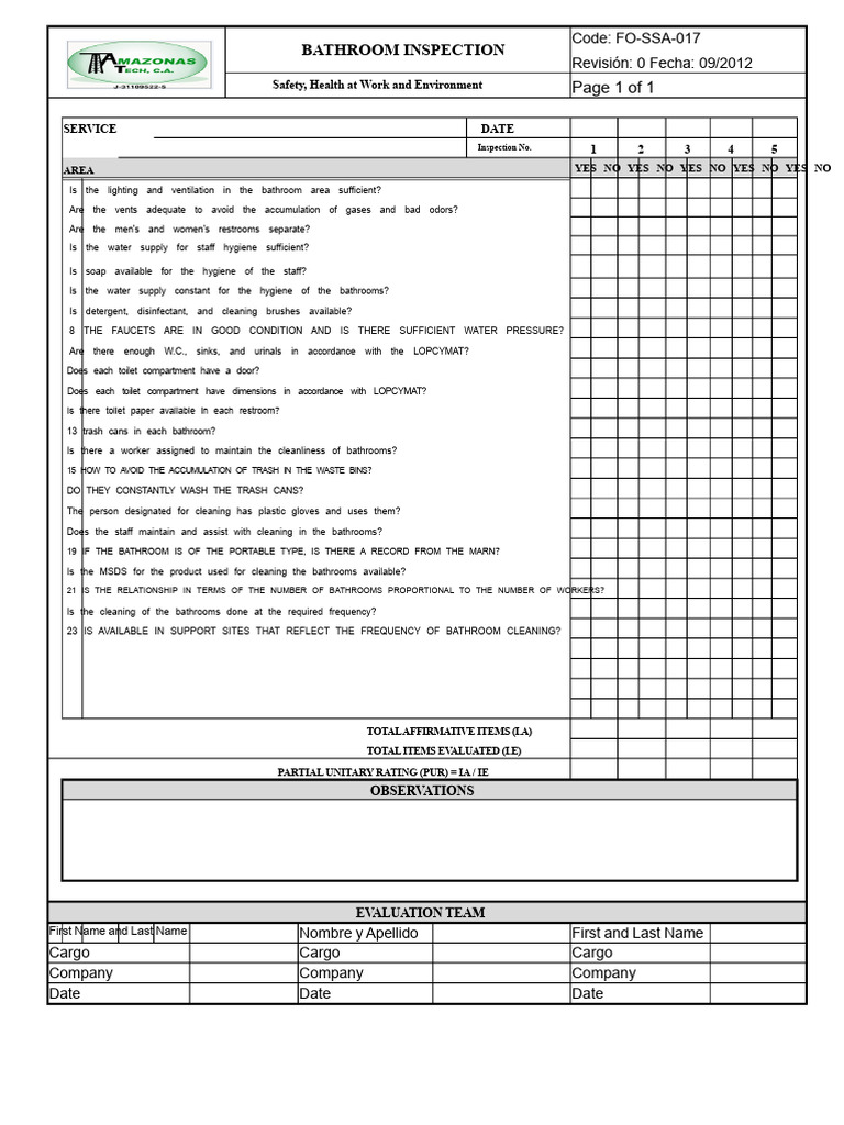 Bathroom Safety Inspection Checklist | PDF | Public Toilet | Hygiene