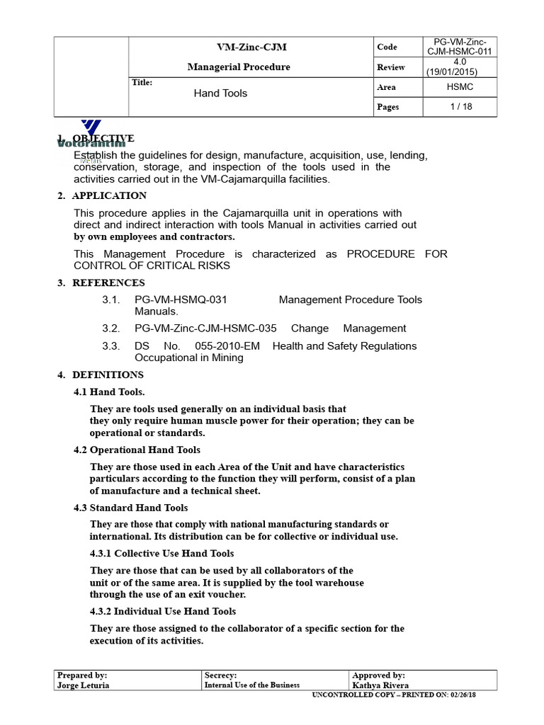 Hand Tools Management Procedure Guide | PDF | Occupational Safety And ...