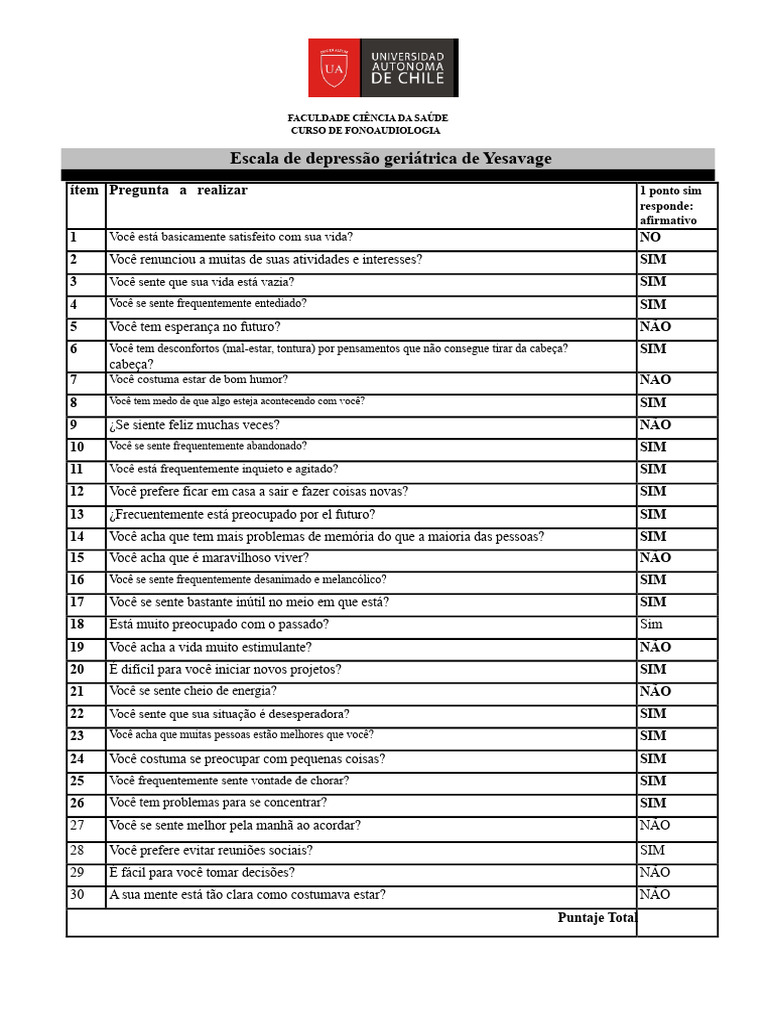 Escala de Depressão Geriátrica Yesavage | PDF | Depressão | Ciências ...