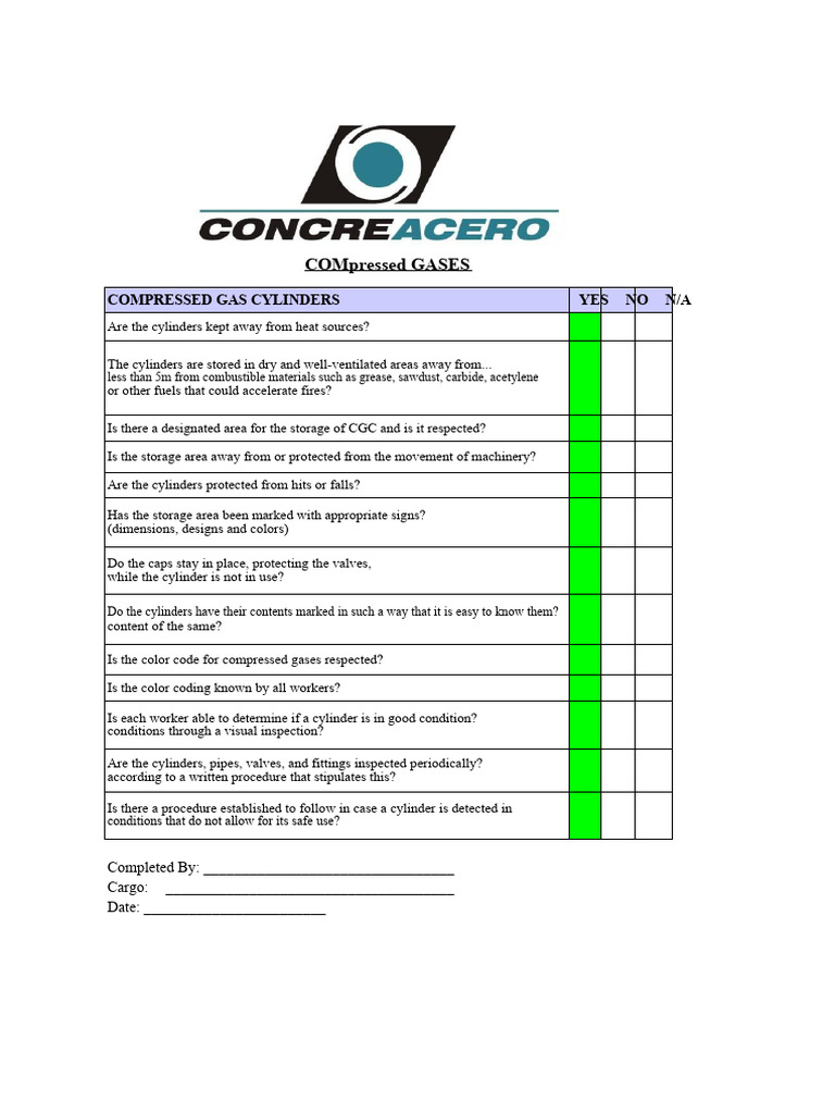 Compressed Gas Cylinder Safety Checklist | PDF