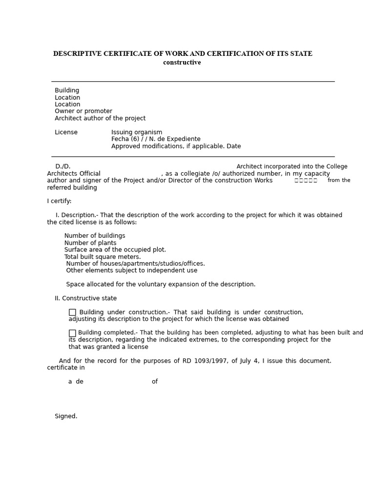 05 Descriptive Certificate of Works and Proof of Their Construction ...