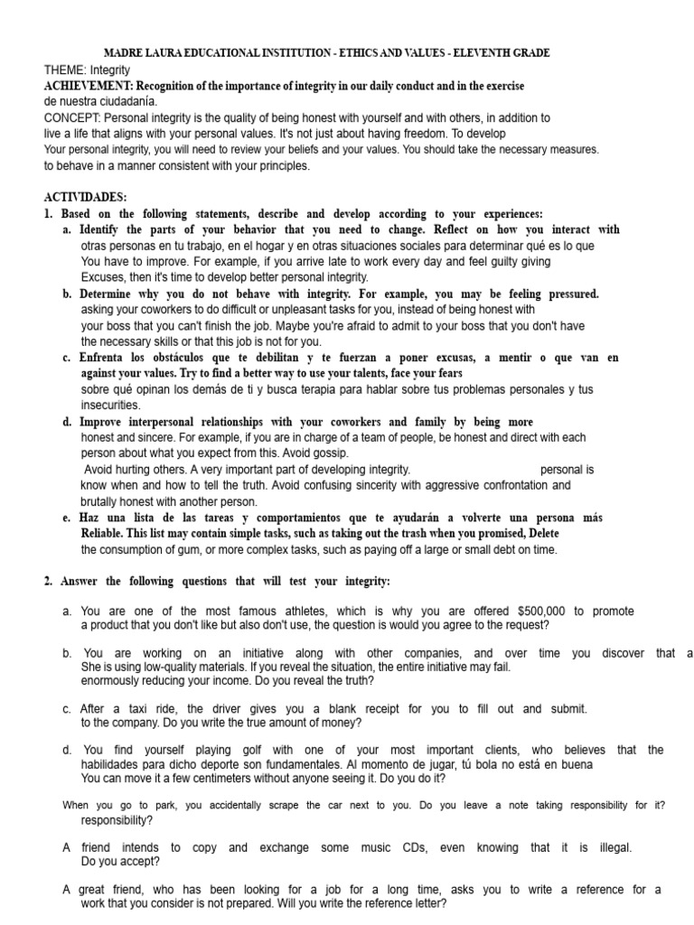 Workshop Grade 11 - Integrity | PDF | Integrity | Value (Ethics)