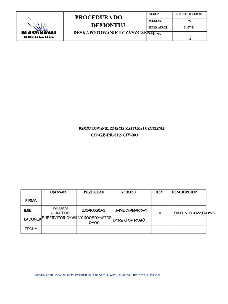 Co-ge-pr-012-Civ-003 Demontaż Descapote i Czyszczenie Rev 0 | PDF