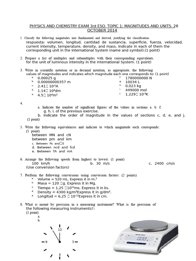 Exam On Magnitudes and Units | PDF | Significant Figures | Mole (Unit)