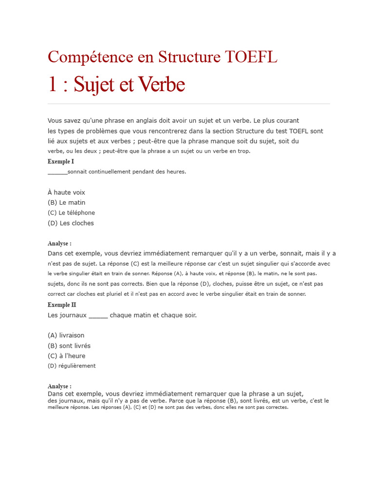 Comprendre Sujet et Verbe TOEFL | PDF | Sujet (Grammaire) | Phrase
