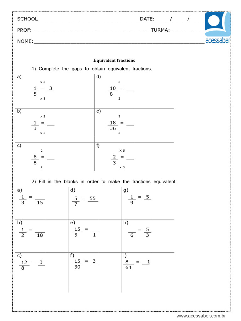 Mathematics Activity Equivalent Fractions 5th or 6th Grade | PDF