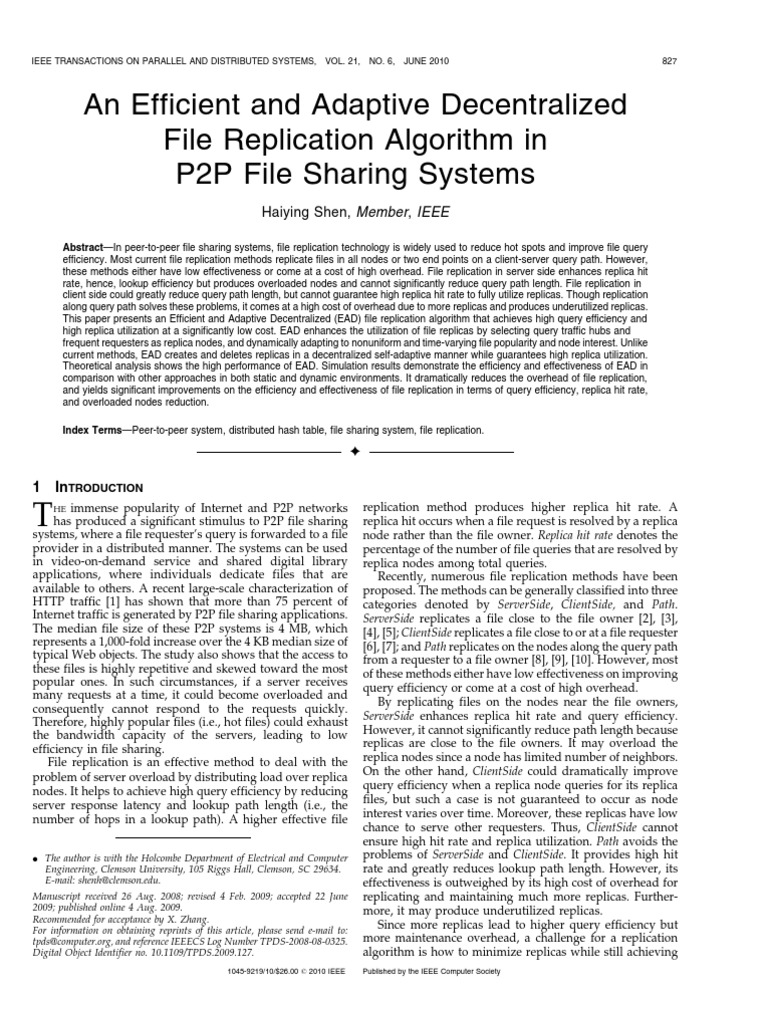 An Efficient And Adaptive Decentralized File Replication Algorithm In P2p File Sharing Systems