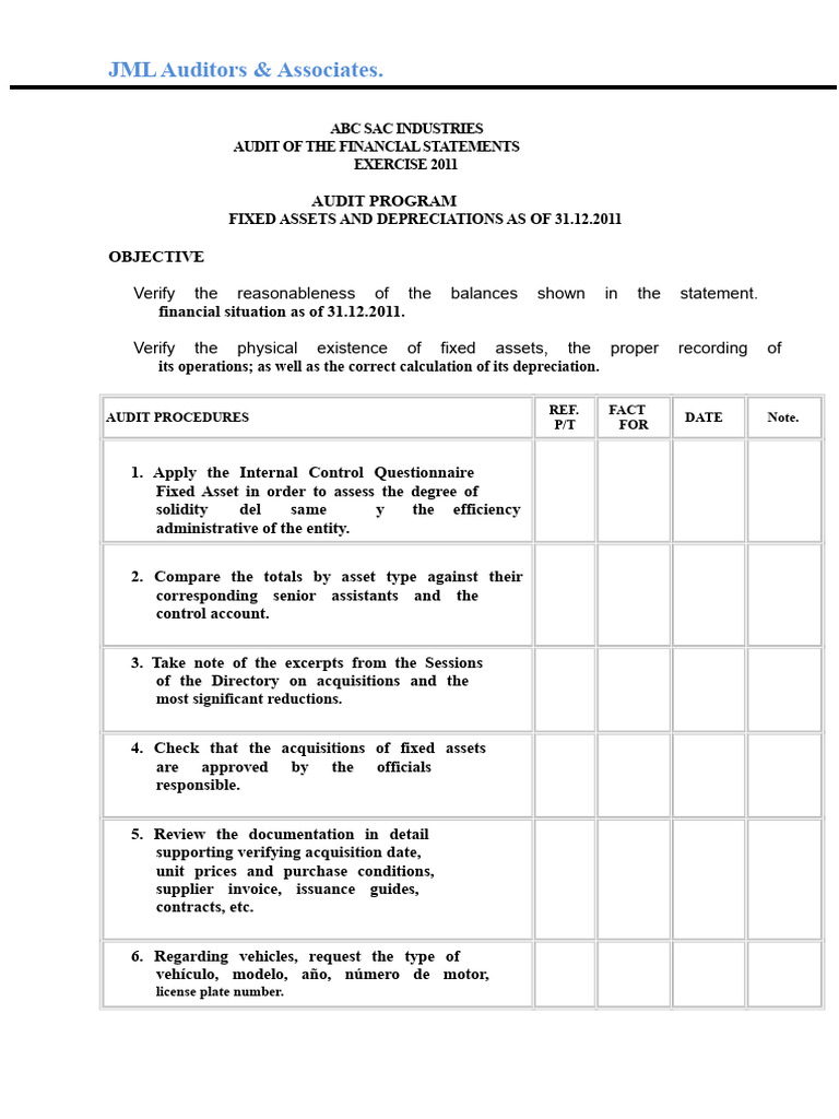 Audit Program - Fixed Asset | PDF | Audit | Depreciation