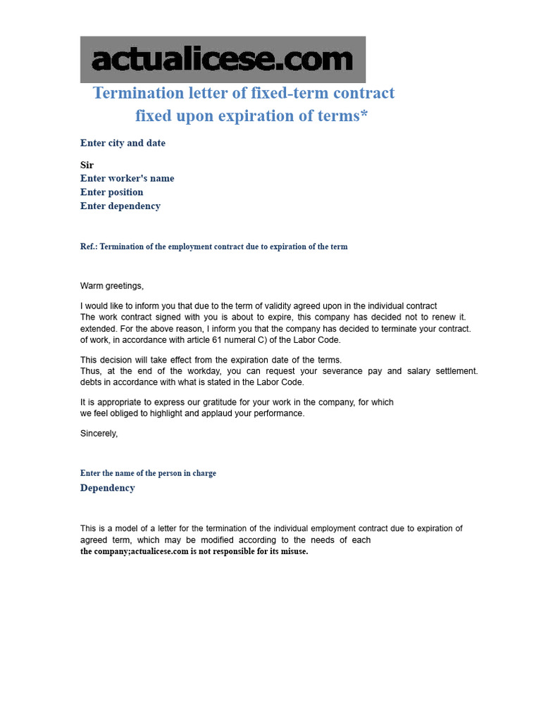 Letter of Termination of The Fixed-Term Contract Upon Expiration of ...
