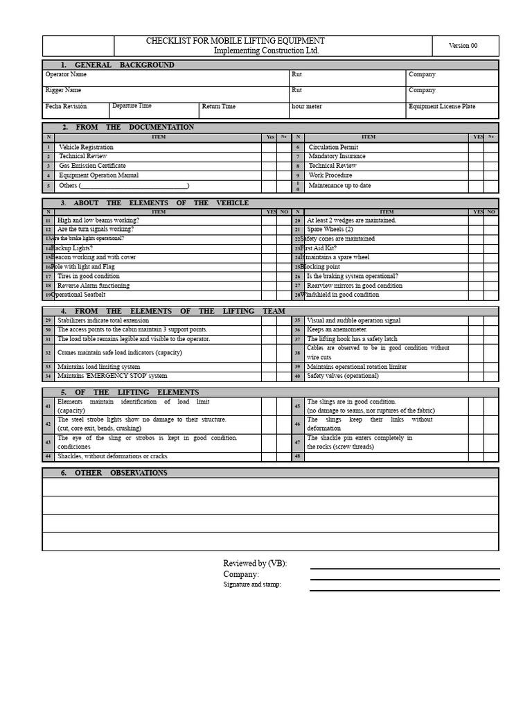 Mobile Lifting Equipment Checklist | PDF | Vehicles | Seat Belt