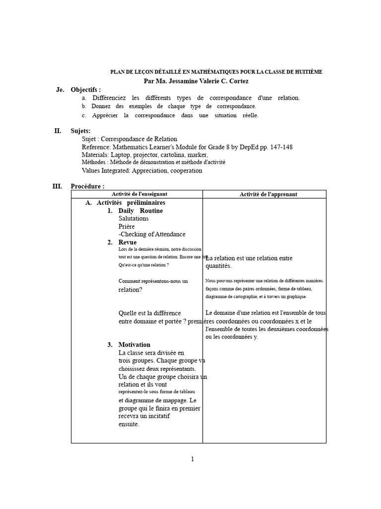 Plan de Leçon en Mathématiques Pour La 8ème Année (Jhess) | PDF ...