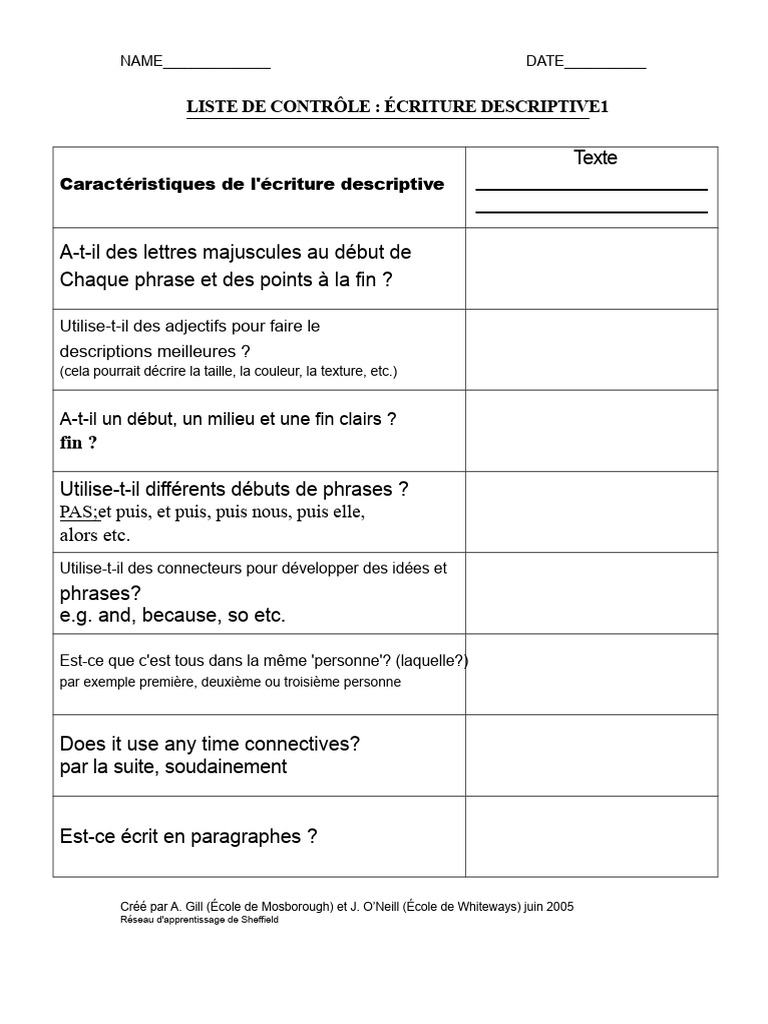 Liste de contrôle pour écriture descriptive | PDF