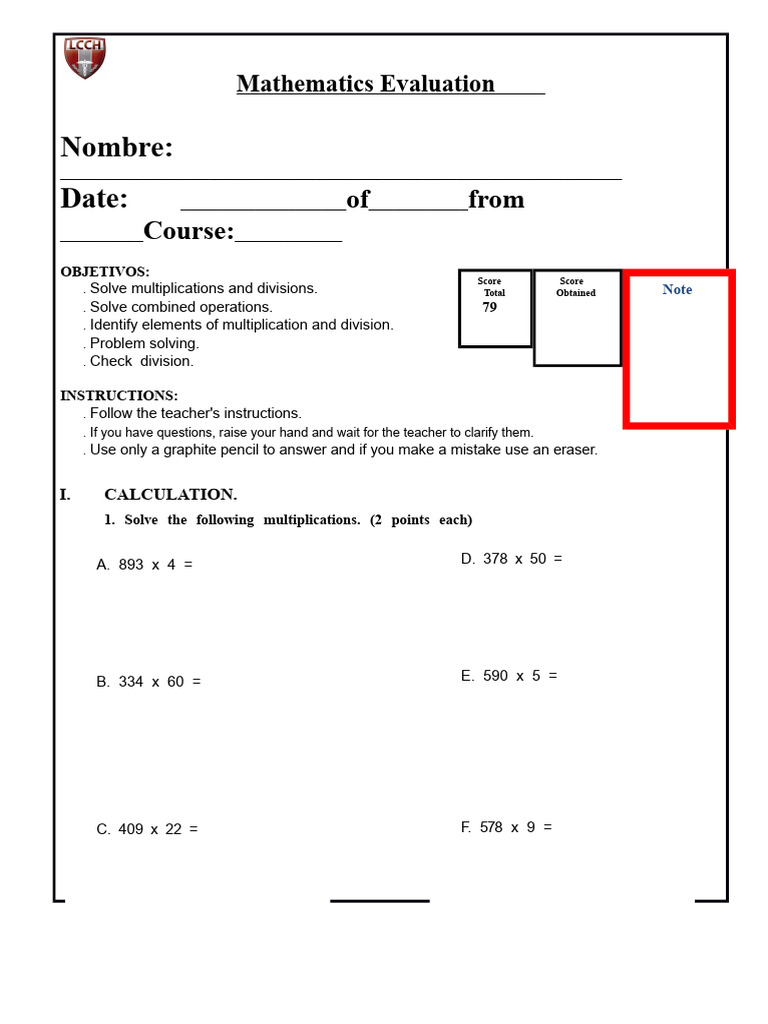 5 Math Assessment Multiplication DIVISION | PDF | Mathematics