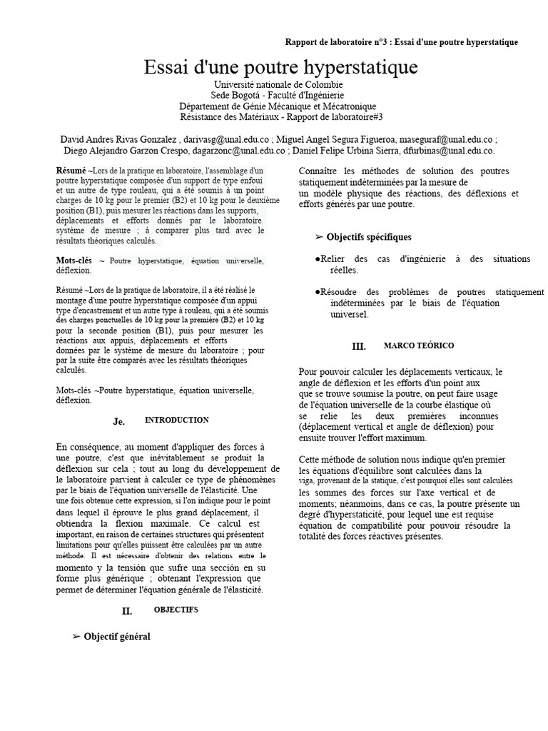 Rapport de Laboratoire 3 - Essai D'une Poutre Hyperstatique | PDF ...
