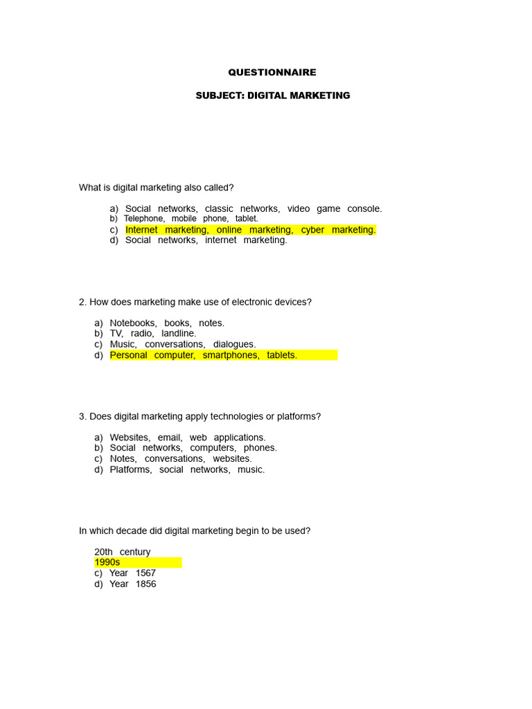 Digital Marketing Questionnaire | PDF | Digital Marketing | Telephone