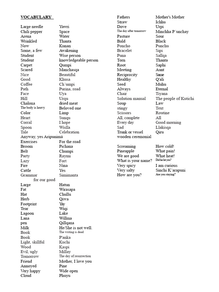 Vocabulary and Verbs Quechua | PDF