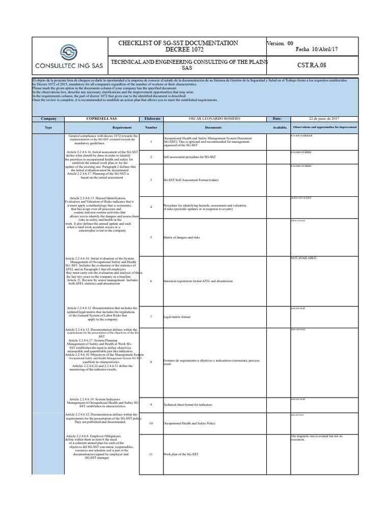 CST - Ra.08. Initial Checklist Decree 1072 | PDF | Occupational Safety ...